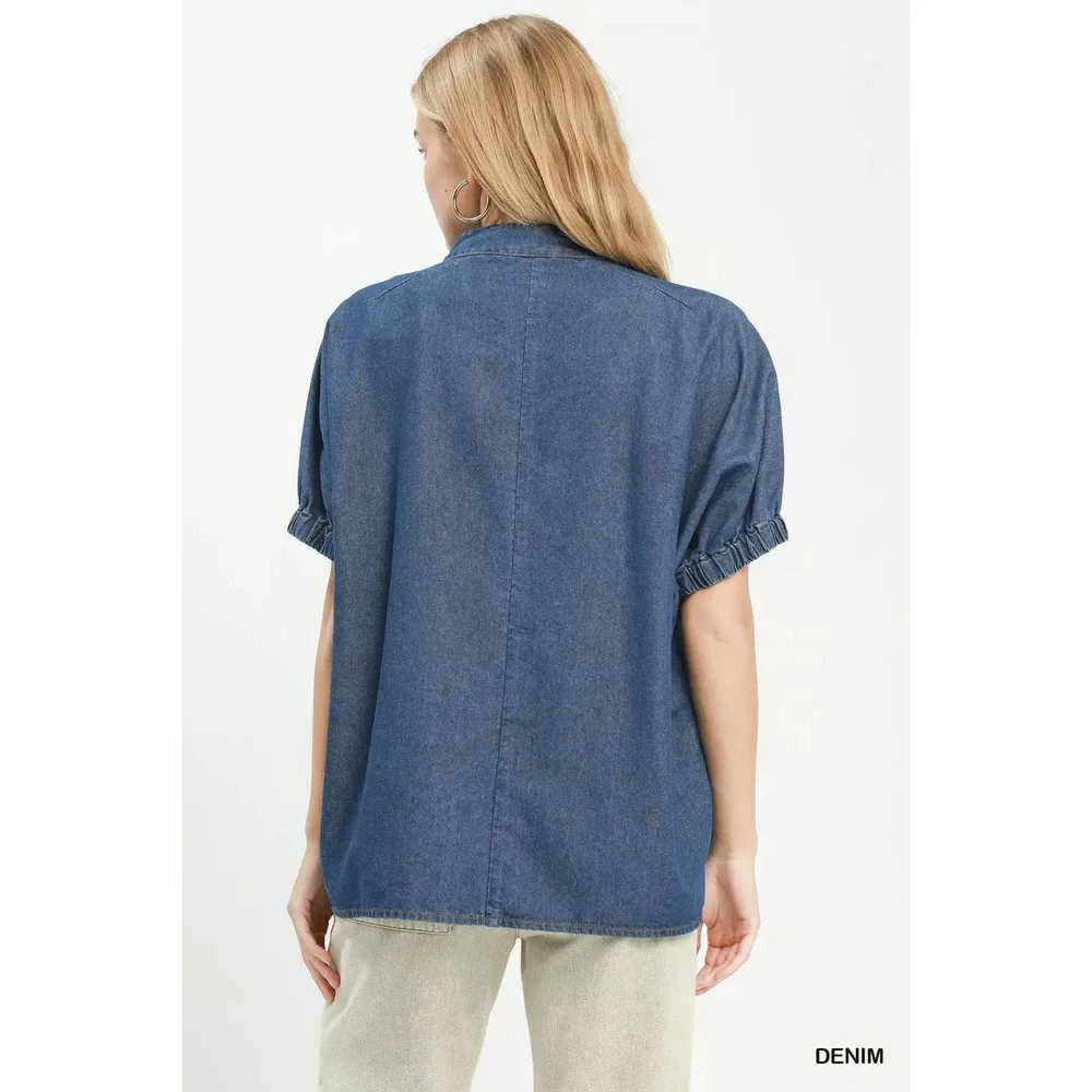 Umgee | Tops | Umgee Embroidered Denim Puff Sleeve Top | Poshmark